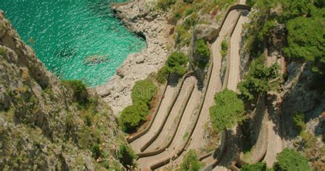 Scenic Coastal Cliffs And Via Krupp Path With Turquoise Sea Water Seen From A High Rocky