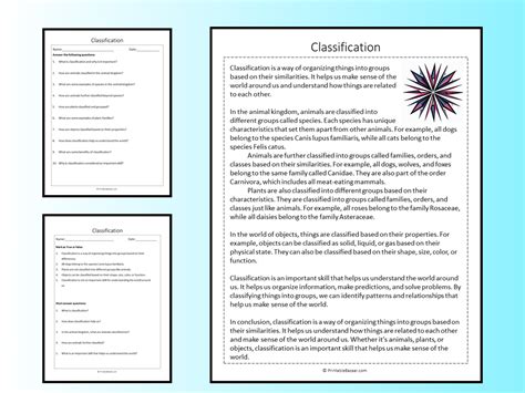 Taxonomy Classification Reading Comprehension Worksheet Printable Template Free