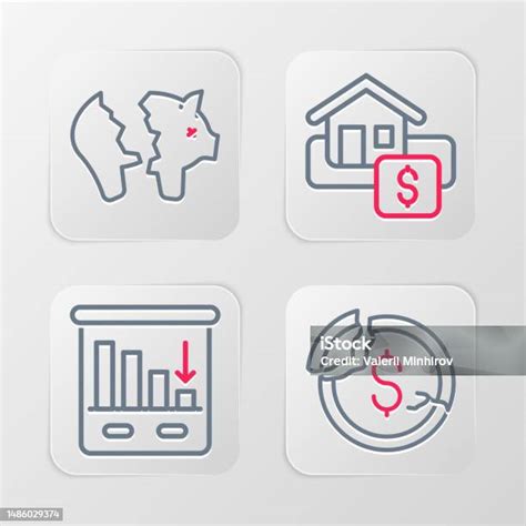 선 달러 환율 감소 파이 차트 인포그래픽 판매 및 깨진 돼지 저금통 아이콘이 있는 매달린 기호를 설정합니다 벡터 0명에 대한 스톡 벡터 아트 및 기타 이미지 Istock