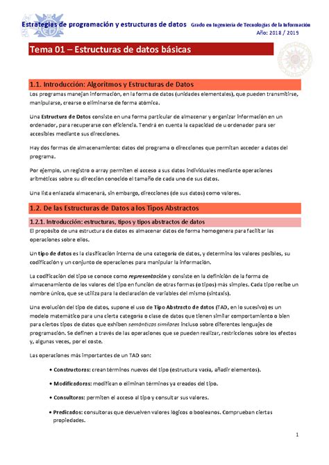 Tema 01 Estructuras De Datos Basicas Año 2018 2019 Tema 01
