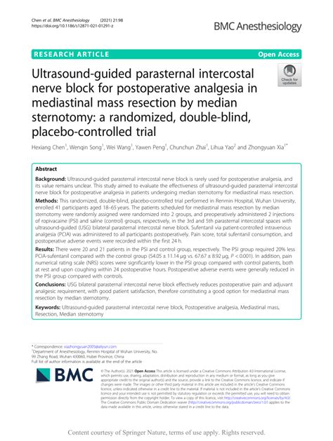 Pdf Ultrasound Guided Parasternal Intercostal Nerve Block For Postoperative Analgesia In