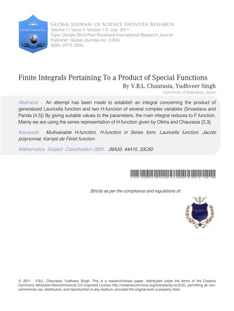 Pdf • Finite Integrals Pertaining To A Product Of Special Functions