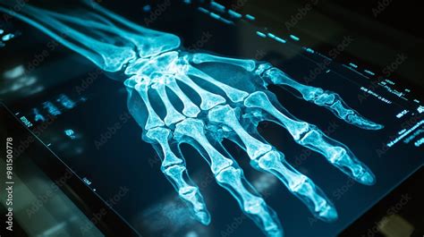 An X Ray Image Of A Hand And Wrist Is Displayed On A Scanning Table In