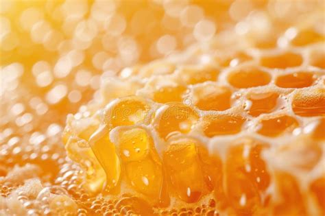 Golden Architecture A Captivating Close Up Of Natures Artistry In Honeycomb Cells Stock