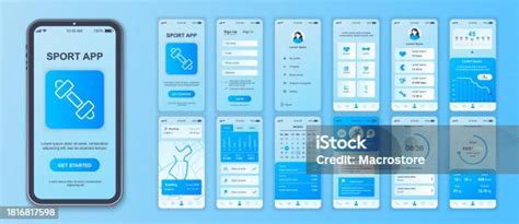 피트니스 모바일 앱 인터페이스 화면 템플릿 세트 계정 로그인 활동 정보 교육 목록 가중치 경로 맵 그래프 응용 프로그램 웹 레이아웃을 위한 Ui Ux Gui 키트 팩 벡터
