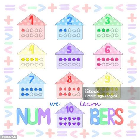 숫자를 배우자최대 10 개의 숫자를 공부하기위한 집 형태의 카드 중학교 및 유치원을위한 1에서 10까지의 숫자 테이블 수학의 시각적 테이블 2에 대한 스톡 벡터 아트 및