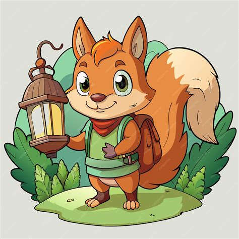 Cute Forest Squirrel Holding Lantern In Whimsical Cartoon Style