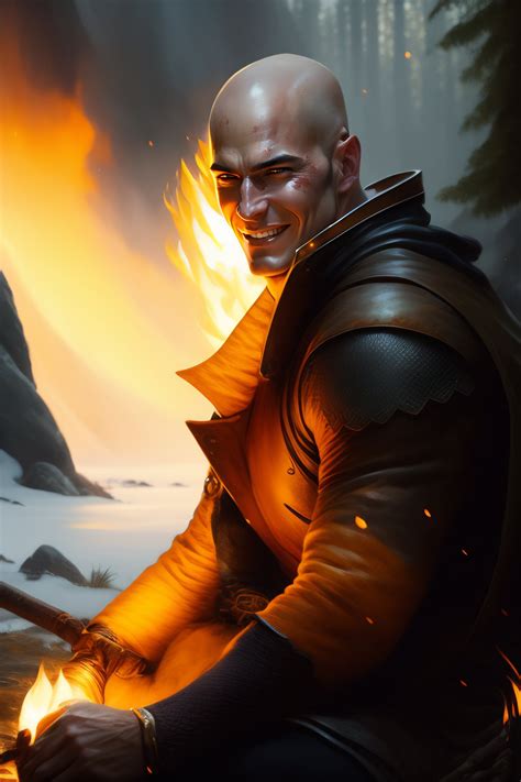 Lexica Bald Clean Shaven Beowulf Sitting By A Campfire And Laughing