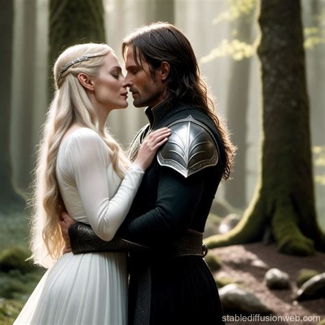Sauron Aragorn Very Tall And Elegant Black Outfit And Galadriel War With White Dress Kissing