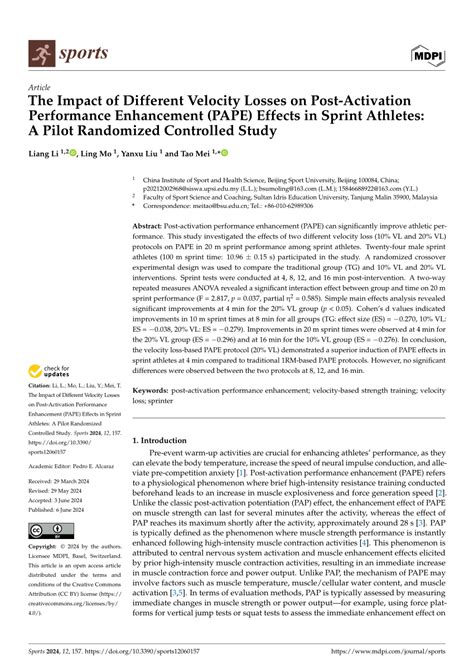 Pdf The Impact Of Different Velocity Losses On Post Activation Performance Enhancement Pape