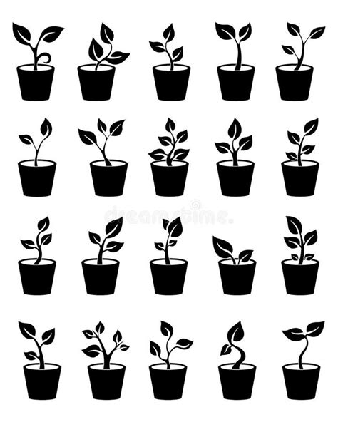 Set Of Planted Seedlings In The Ground Icons Vector Illustration On White Background Stock