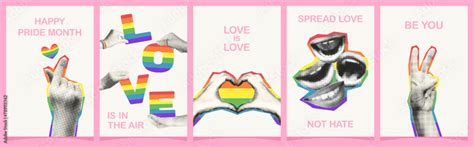 Lgbtq Pride Month Halftone Collage Vertical Banners Set Grunge Cut Out