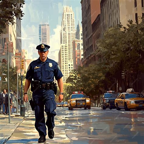 A Highresolution Image Of A Police Officer In Uniform Patrolling A City