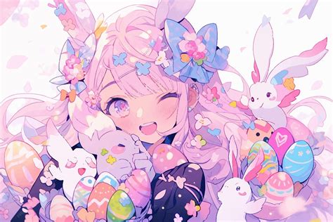 Premium Vector Easter Anime Style Cute Happy Girl With Colorful