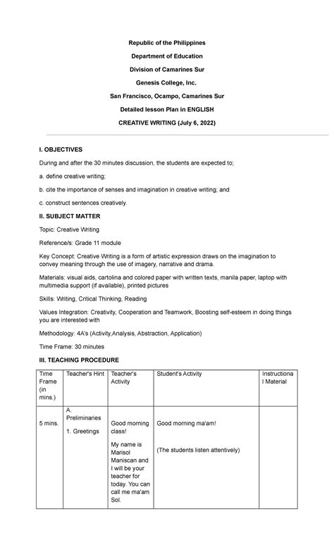 Lesson Plan Creative Writing Republic Of The Philippines Department