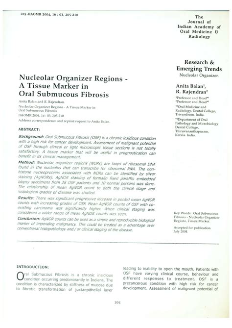 Pdf Nucleolar Organizer Regions A Tissue Marker In Oral Submucous Fibrosis