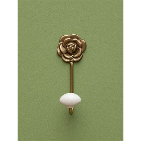 Patère Fleur En Métal Doré Patiné Et Céramique