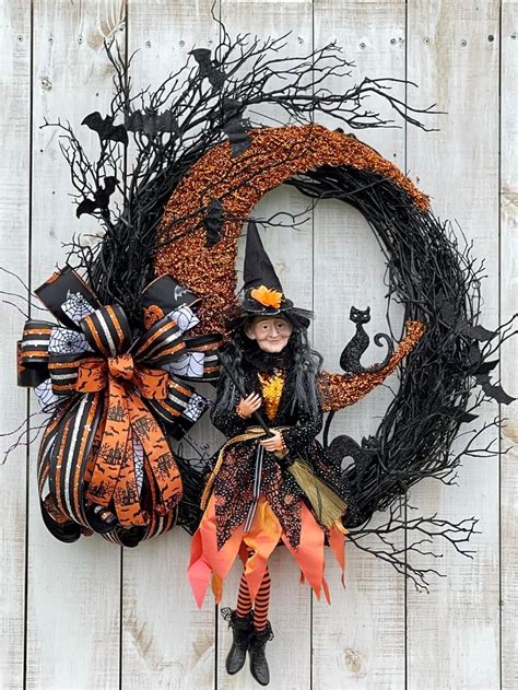 28 Large Halloween Witch Cat Sitting On Moon Wreath For Front Door