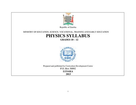 Physics Grade Syllabus In Zambia Physics Teaching Methods Copperbelt University