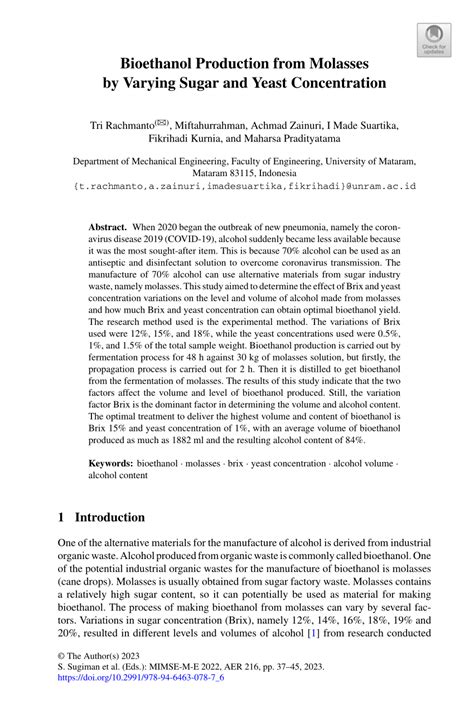 Pdf Bioethanol Production From Molasses By Varying Sugar And Yeast