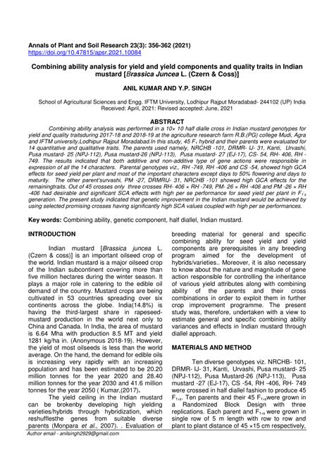 Pdf Combining Ability Analysis For Yield And Yield Components And Quality Traits In Indian
