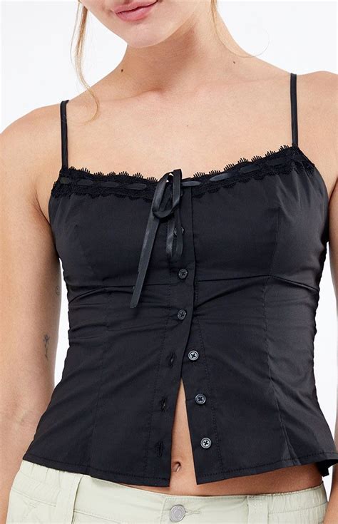 Button Up Tank Top Fitted Black Tops With Buttons Summer Black