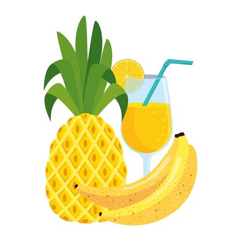 Premium Vector Summer Fresh Fruit Pineapple With Cocktail And Bananas