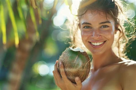 Radiant Young Woman Enjoying A Fresh Coconut In Natural Light Promoting