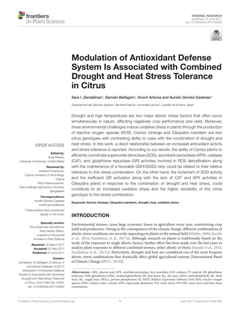 Pdf Modulation Of Antioxidant Defense System Is Associated With Combined Drought And Heat