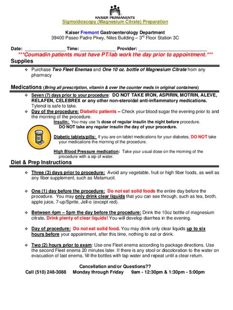 Fillable Online Mydoctor Kaiserpermanente Sigmoidoscopy Preparation
