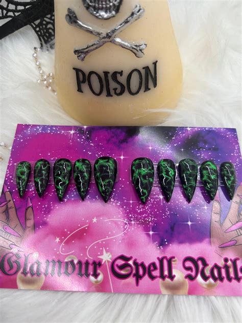 Ectoplasm Gothic Black And Neon Green Marble Press On Nail Set Black