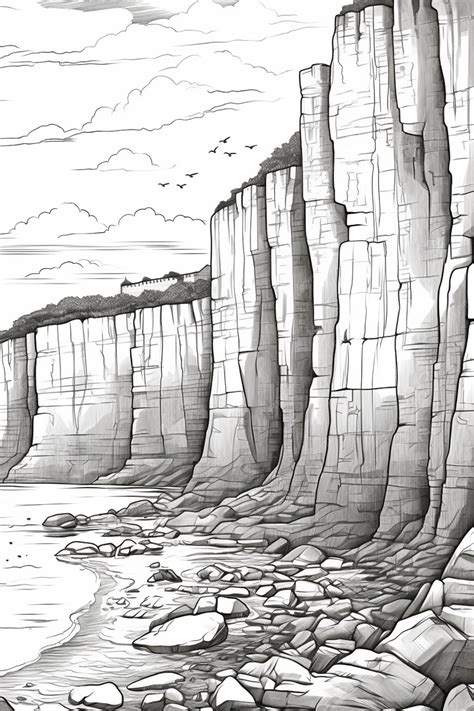 Premium Photo Drawing Of A Cliff Face With A Beach And A Boat In The Water Generative Ai