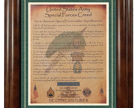 Best Us Army Special Forces Creed Green Beret Aged Parchment Framed