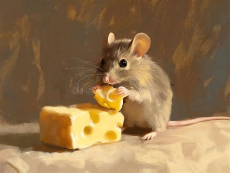 Tiny Mouse Enjoying A Piece Of Cheese On A Muted Background Stock