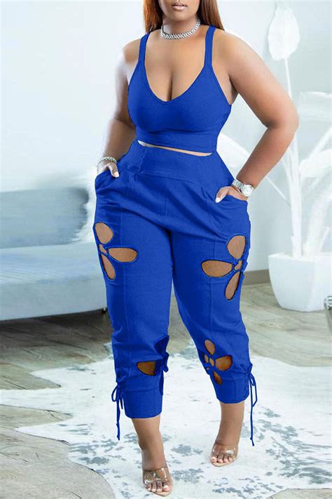 Wholesale Blue Sexy Solid Hollowed Out Patchwork Spaghetti Strap