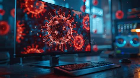 Computer Screen Displaying Virus Graphic In A Dark Room Symbolizing