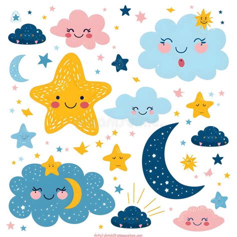 Image Of Cute Celestial Objects With Faces Including Stars Clouds And Moon Cartoon Graphic