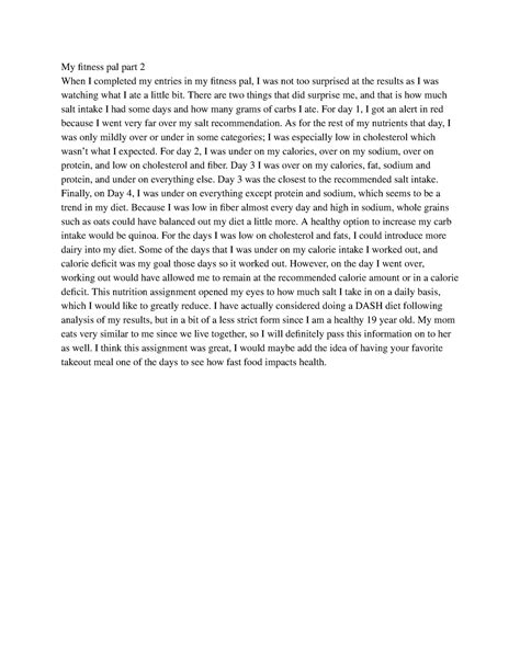 My Fitness Pal Assignment Part 2 My Fitness Pal Part 2 When I Completed My Entries In My