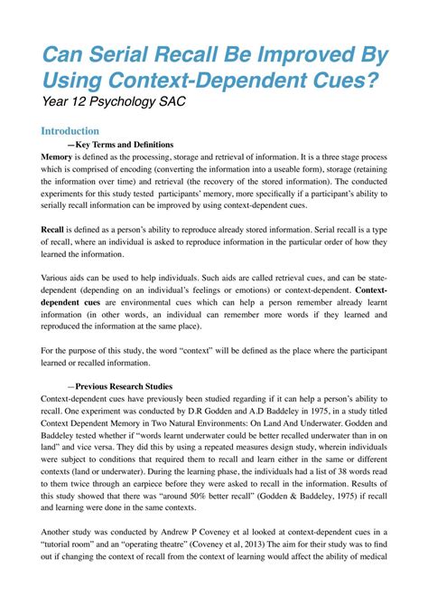 Psychology Context Dependent Cues Research Task Psychology Year 12