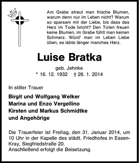 Traueranzeigen Von Luise Bratka Trauer In Nrwde