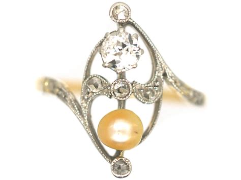 Art Nouveau 18ct Gold And Platinum Diamond And Natural Pearl Ring 316p