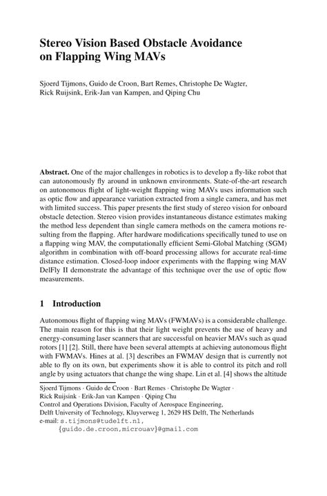 Pdf Stereo Vision Based Obstacle Avoidance On Flapping Wing Mavs