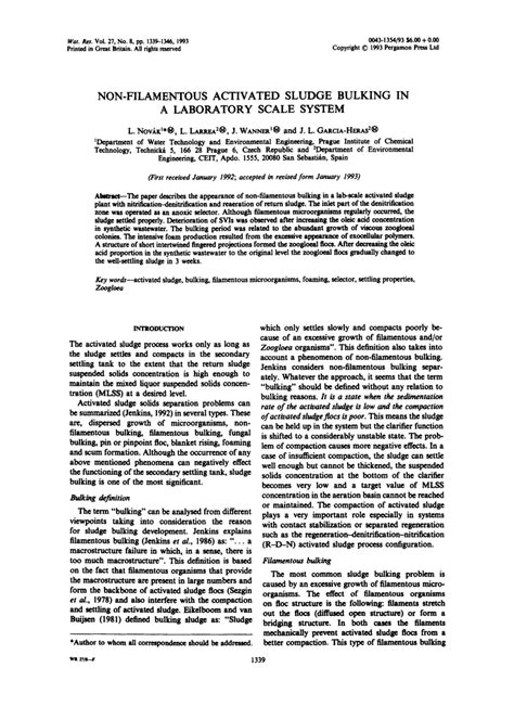 Pdf Non Filamentous Activated Sludge Bulking In A Laboratory Scale System