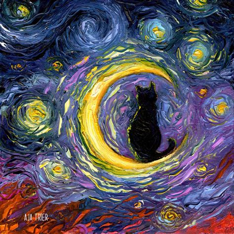 Luna Black Cat On Crescent Moon Art Starry Night Art Print By Aja