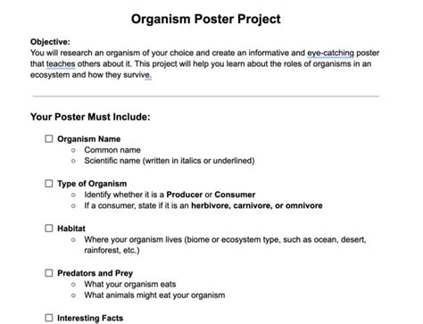 Organism Poster Project Ecosystem Research And Creative Science Activity
