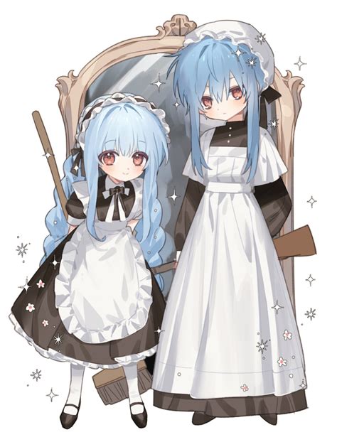 Safebooru 1boy 1girl Apron Black Dress Blue Hair Broom Brother And