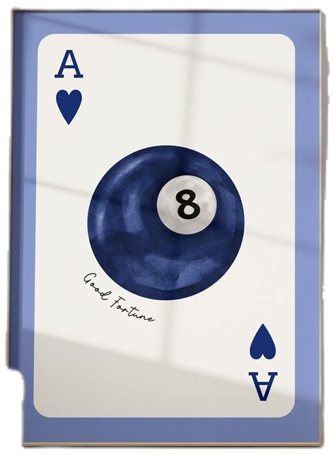 Vintage Pool Ball Print Lucky Blue 8 Ball Playing Card Wall Art