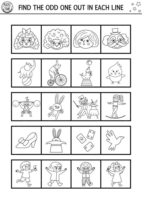 이상한 점 찾기 어린이를 위한 서커스 흑백 논리 활동 주의력 기술을 위한 어린이를 위한 놀이 쇼 교육 라인 퀴즈 워크시트 간단한