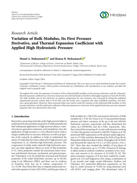 Pdf Variation Of Bulk Modulus Its First Pressure Derivative And