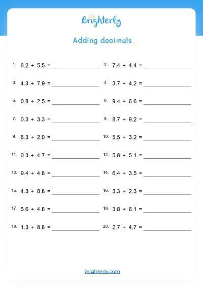 Free Printable Adding Decimals Worksheet PDFs Brighterly Com Worksheets Library